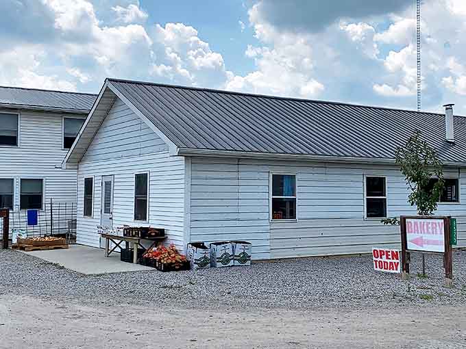 The unassuming exterior of E&S Bakery belies the treasures within. Simple white siding, metal roof, and that magical "OPEN TODAY" sign beckoning hungry travelers.