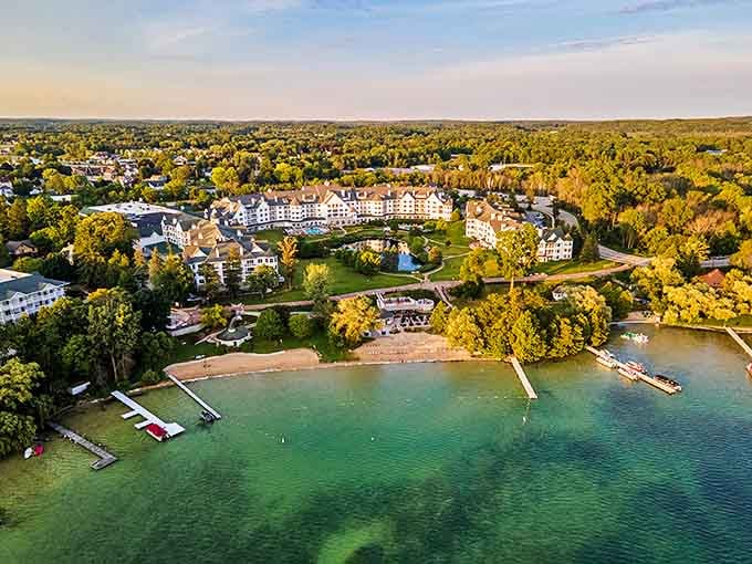 Aerial views reveal Elkhart Lake's stunning blue-green waters that rival any tropical destination, minus the expensive plane ticket and jet lag.
