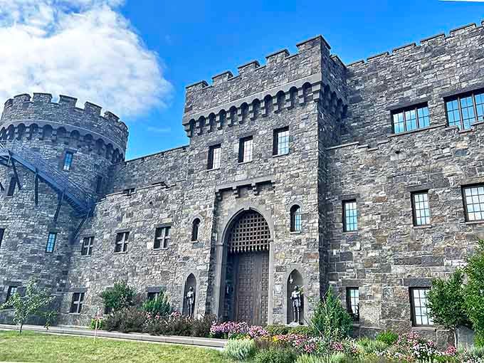 Stone fortress meets Midwest charm: Epic's main castle entrance stands defiantly against Wisconsin skies, daring you to remain unimpressed.
