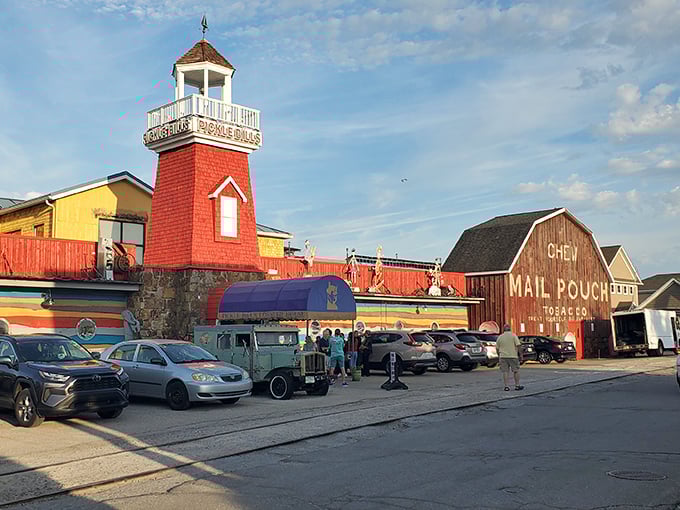 The iconic red lighthouse and weathered "Mail Pouch" barn welcome seafood adventurers to this Grand River institution. Nautical whimsy at its finest!