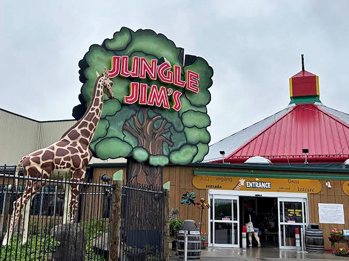 Welcome to food paradise! Jungle Jim's iconic entrance, complete with towering giraffe, promises the grocery adventure of a lifetime.
