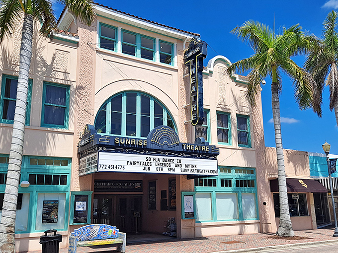 The Sunrise Theatre's stunning Mediterranean Revival fa&ccedil;ade stands proudly on Fort Pierce's main street, palm trees swaying like nature's own velvet ropes.