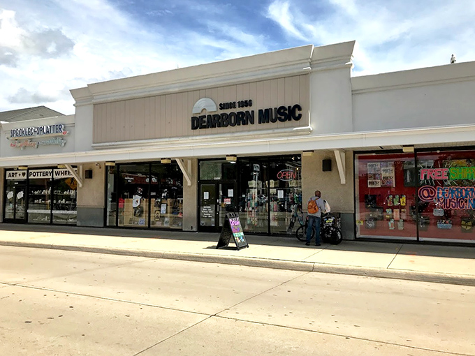 Exterior: The unassuming storefront of Dearborn Music belies the treasure trove within &ndash; a vinyl paradise standing strong since 1956.