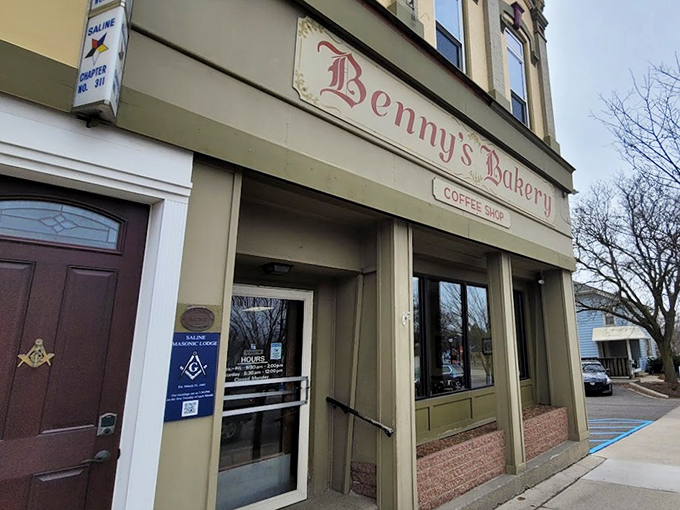 Exterior: Benny's Bakery's vintage storefront in Saline beckons with old-world charm and the promise of carb-laden treasures within.