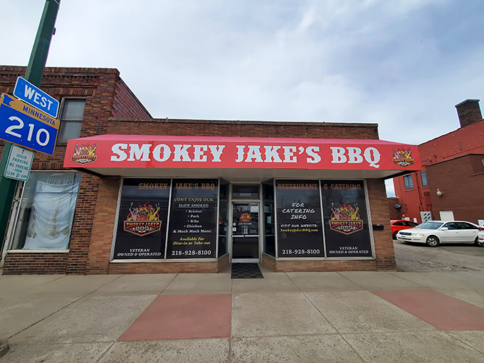 A beacon of BBQ bliss on West Minnesota Street, Smokey Jake's modest brick exterior hides smoky treasures within.