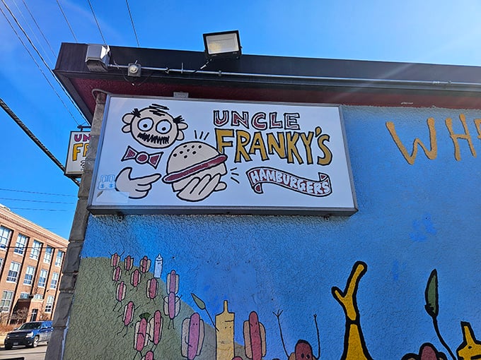 The iconic blue exterior of Uncle Franky's beckons with its whimsical cartoon mascot &ndash; a Minneapolis landmark for hot dog aficionados.