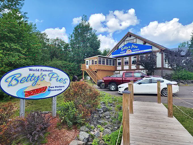 The iconic blue and white Betty's Pies sign welcomes hungry travelers to this legendary North Shore destination.