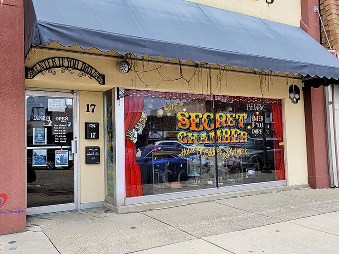 That yellow storefront with red curtain artwork isn't trying to hide what's inside, it's basically screaming "abandon all normalcy, ye who enter here" in the best possible way.