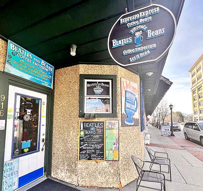 The charming storefront of Beatles and Beans Coffee Emporium beckons with its playful signage and promise of musical caffeine adventures ahead.