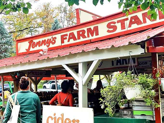 Jenny's Farm Stand welcomes visitors with its iconic red roof and rustic charm &ndash; a Michigan treasure hiding in plain sight.