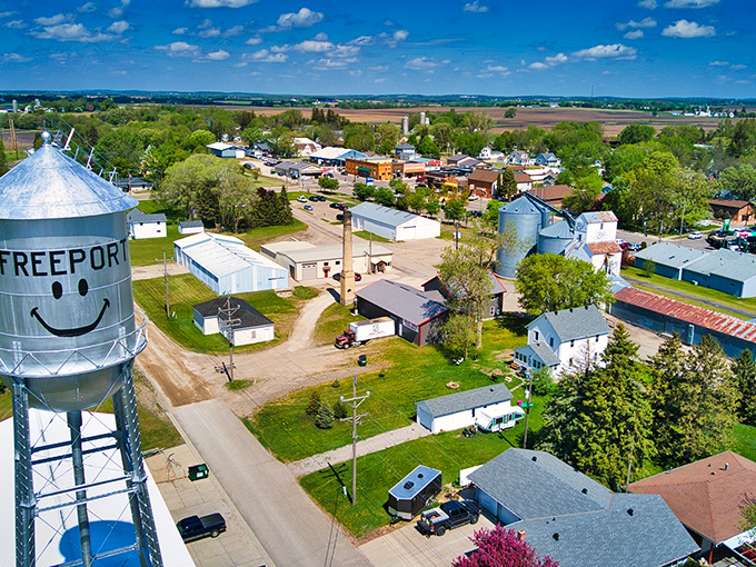 Freeport's iconic water tower grins down at visitors, setting the tone for this delightfully friendly Minnesota town.