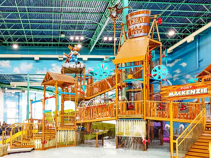 The iconic Great Wolf Lodge entrance in Gurnee welcomes families with its rustic charm and the promise of indoor aquatic adventures regardless of the weather outside.