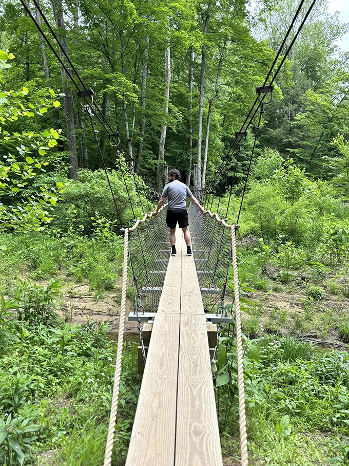 A wooden suspension bridge beckons adventurers into the emerald heart of Hocking Hills, where every step promises discovery and maybe a tiny bit of vertigo.