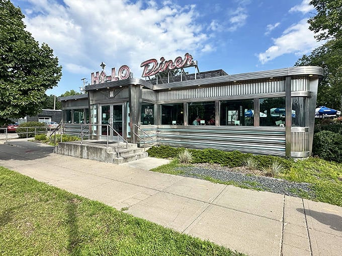 Gleaming stainless steel and vintage neon – this isn't just a diner, it's a time machine with hash browns and nostalgia on the menu.