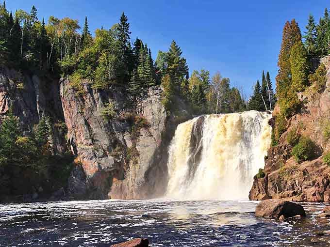 High Falls of the Baptism River thunders down 63 feet of ancient rock, creating nature's most impressive shower scene in Minnesota's northwoods.