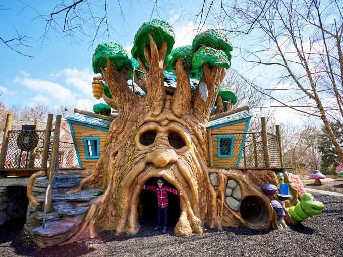 The enchanted entrance to Highfield Discovery Garden welcomes visitors with its massive talking tree, complete with a doorway mouth and vibrant green canopy.