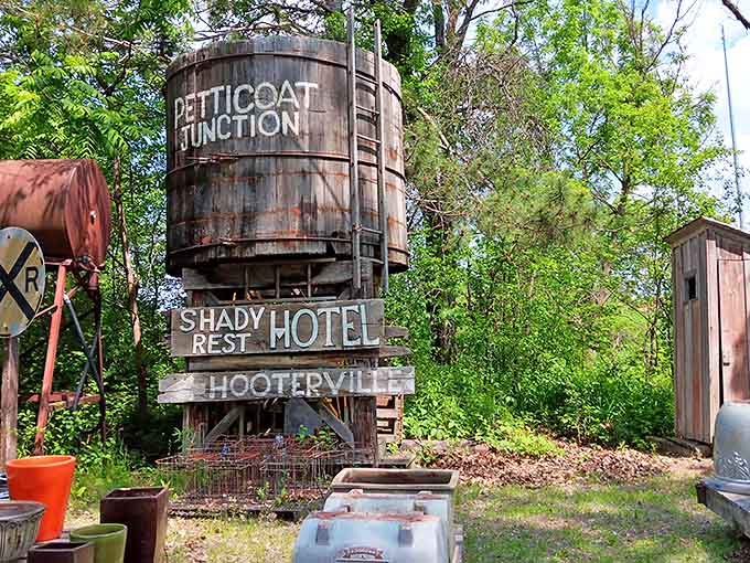 The weathered water tower of Petticoat Junction stands tall, its "Shady Rest Hotel" and "Hooterville" signs welcoming visitors to this wonderland of whimsy.
