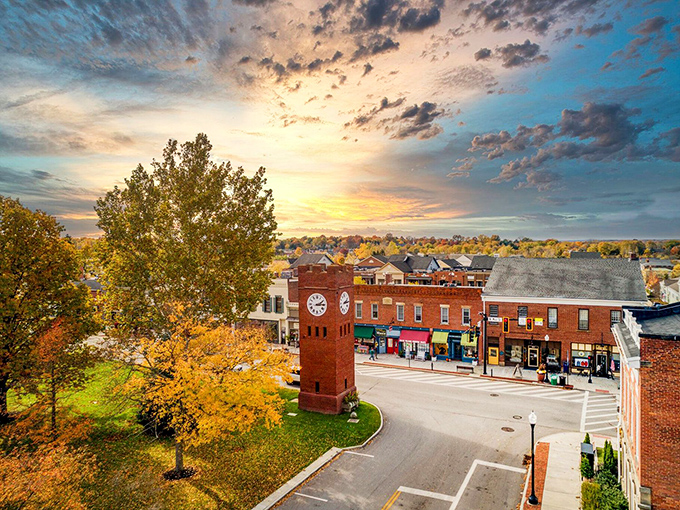 The brick buildings and clock tower create a downtown that looks like America's idealized version of itself, minus the Hollywood set designers.