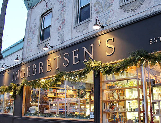 Ingebretsen's storefront glows with welcome, its elegant gold lettering and festive greenery promising Nordic treasures within.