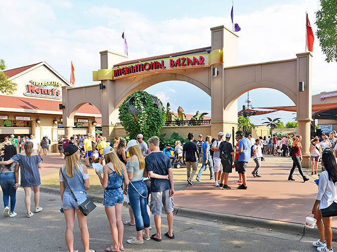 The grand entrance to Minnesota's International Bazaar stands like a portal to another world, promising adventures that begin the moment you step through.