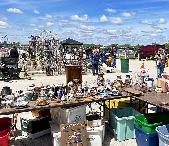 Treasure hunters paradise! The Kane County Flea Market sprawls across the fairgrounds, where vintage dreams and bargain realities collide under the Midwest sky.
