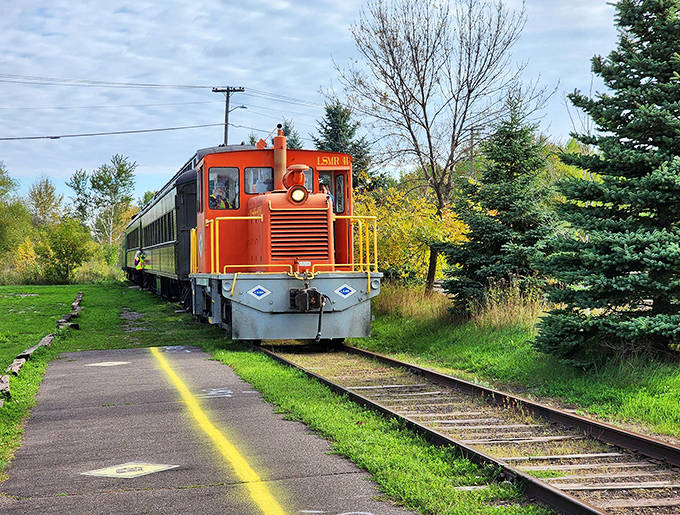 The vibrant orange locomotive cuts a striking figure against Minnesota's lush landscape, promising adventure with every chug forward.