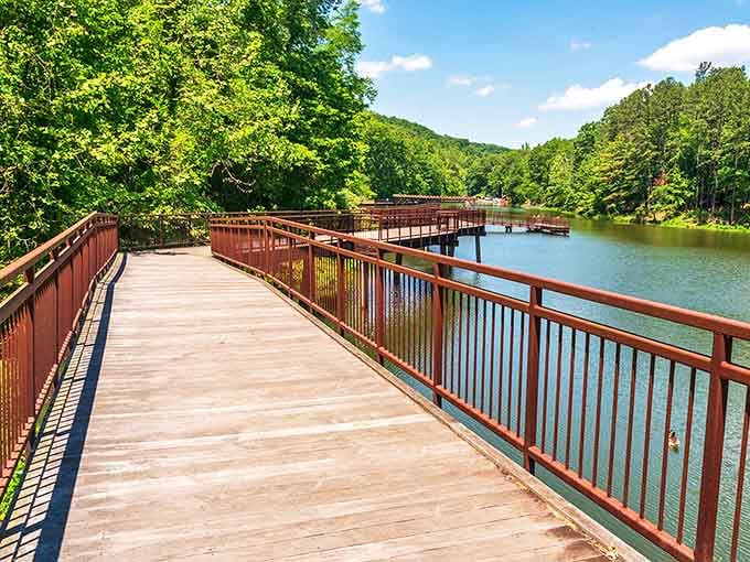 Wooden boardwalks that whisper "serenity now" as they guide you over Lake Vesuvius's glassy waters. Nature's red carpet treatment.