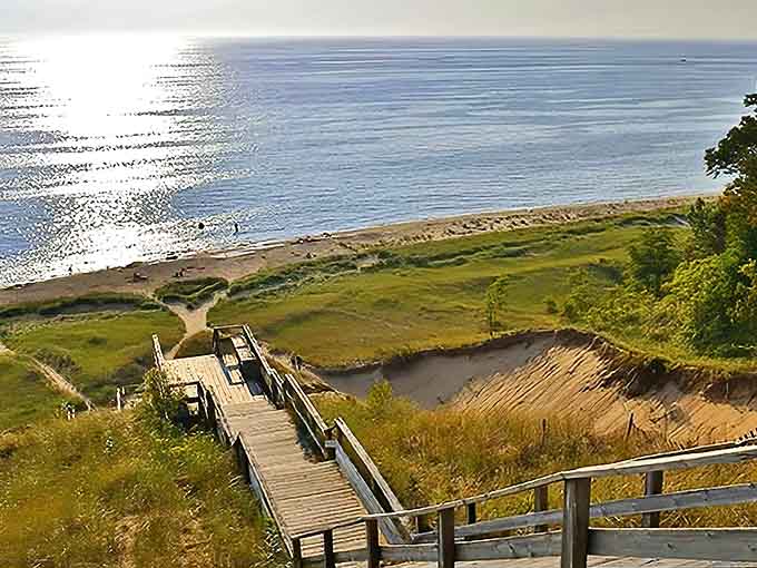 Laketown Beach's wooden boardwalk invites visitors on a journey through rolling dunes to Lake Michigan's pristine shoreline &ndash; nature's grand entrance.