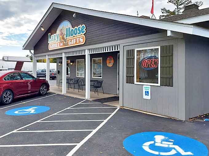 The welcoming facade of Lazy Moose Grill & Gifts beckons hungry travelers with its charming Northwoods vibe and promise of homestyle cooking.