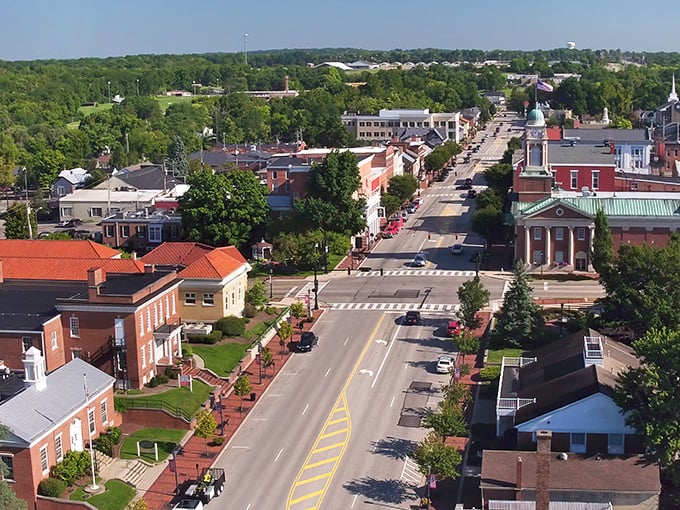 Lebanon, Ohio's tree-lined streets and historic buildings create a Norman Rockwell painting come to life in this aerial view.