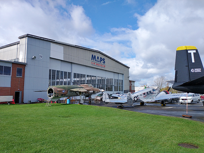 The MAPS Air Museum exterior stands ready for takeoff, where massive hangars house decades of aviation history waiting to share their stories with anyone brave enough to walk through those doors.