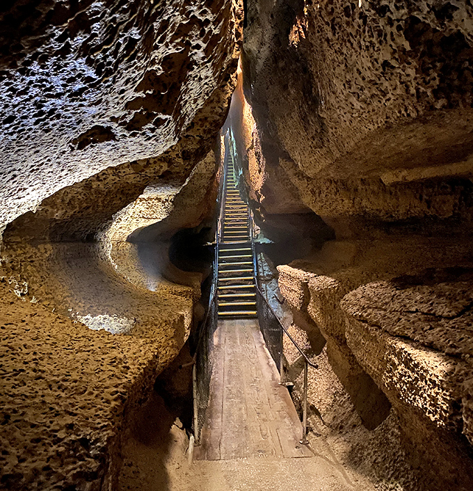 A glimpse into another world: Niagara Cave's entrance stairway beckons adventurers into Minnesota's underground wonderland.