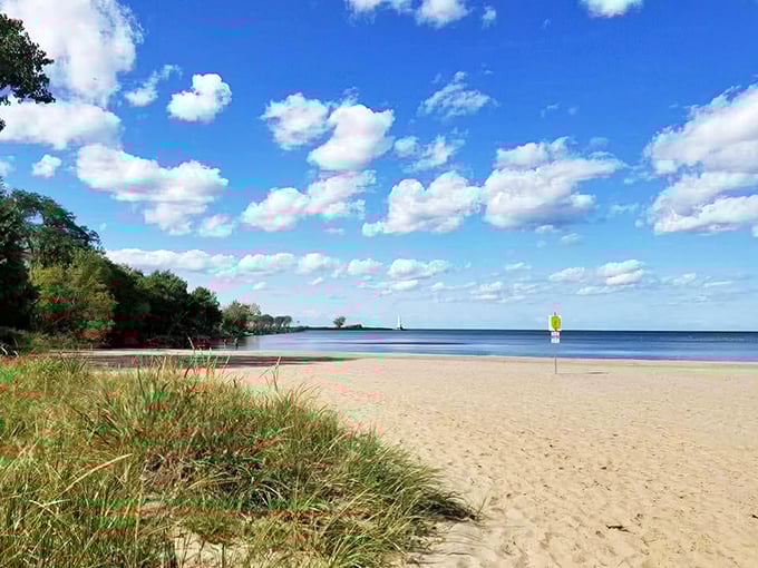 Golden sands stretch toward the horizon at Nickel Plate Beach, where Lake Erie masquerades as an ocean view.