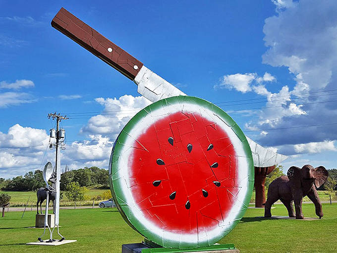 A slice of summer on steroids! This giant watermelon with knife sculpture makes you crave picnics, even in Minnesota's winter months.