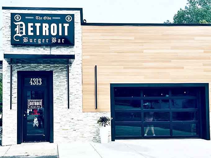 The Olde Detroit Burger Bar's sleek exterior combines modern design with classic brick elements, promising burger greatness before you even step inside.