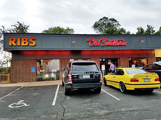 The glowing "RIBS" sign at Old Southern BBQ beckons hungry travelers like a smoky lighthouse on the shores of flavor country.