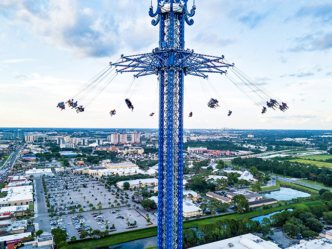 Orlando's blue giant reaches for the clouds, making everything below look like a miniature model village of vacation dreams.