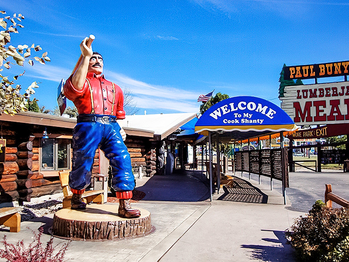 The legendary Paul Bunyan welcomes hungry travelers with his iconic wave &ndash; a promise of the timber-sized portions waiting inside.