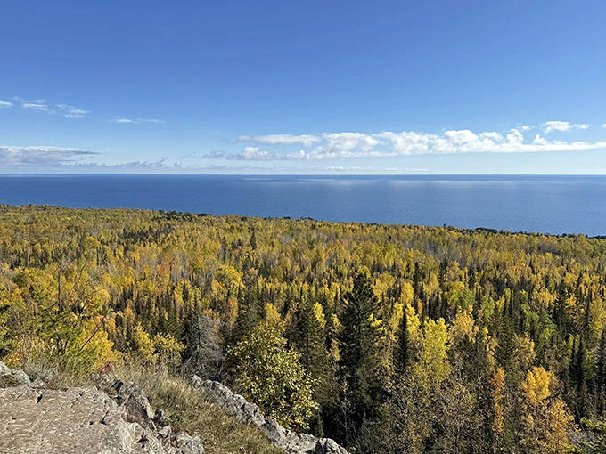 Nature's grand balcony: Pincushion Mountain Overlook offers a sweeping panorama where Lake Superior meets autumn's golden tapestry. Simply breathtaking!