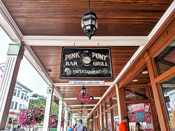 The iconic Pink Pony sign welcomes hungry travelers with promises of good food and harbor views &ndash; breakfast with a view indeed!
