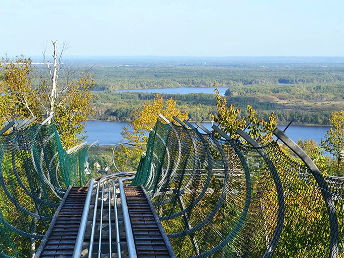 The view alone is worth the trip! Spirit Mountain's alpine coaster track descends through autumn foliage with Lake Superior stretching to the horizon&mdash;nature's IMAX with a side of adrenaline.
