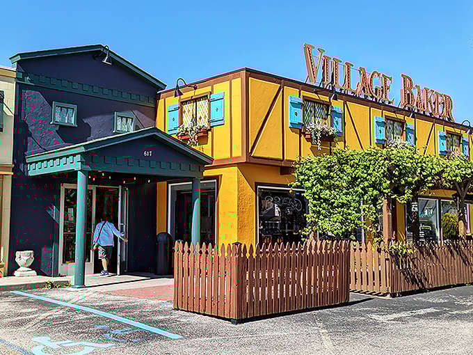 The Village Baker's cheerful exterior stands out in Spring Lake, Michigan, with its vibrant colors promising Bavarian delights within.