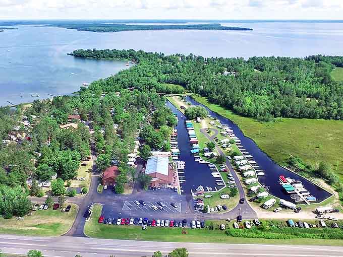 Stony Point Resort's aerial view reveals its perfect positioning on Leech Lake, where water meets wilderness in Minnesota's northwoods paradise.