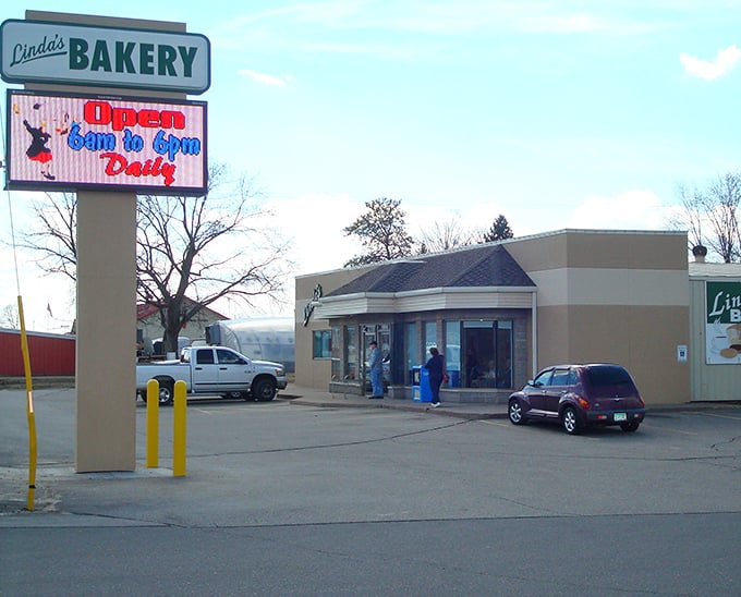 Linda's Bakery welcomes hungry visitors with its classic storefront and promise of freshly baked delights waiting inside.