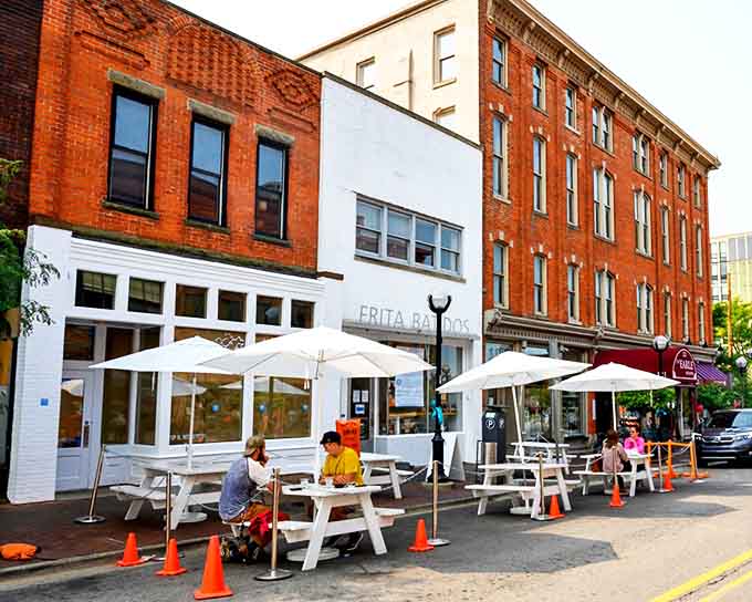A splash of white among historic brick buildings, Frita Batidos' fa&ccedil;ade promises Cuban delights in the heart of downtown Ann Arbor.