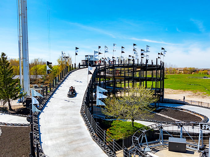 The Indy Skytrack rises like a concrete dream against the Michigan sky, where gravity is merely a suggestion and childhood fantasies become three-story realities.