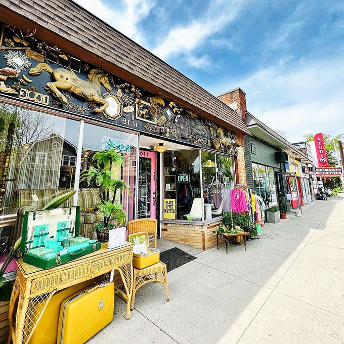 The storefront practically begs you to come inside, with its colorful displays and vintage furniture creating an irresistible sidewalk gallery that changes with the seasons.