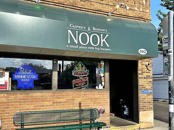 The Nook's modest green awning promises "a small place with big burgers" &ndash; perhaps the culinary understatement of the century.