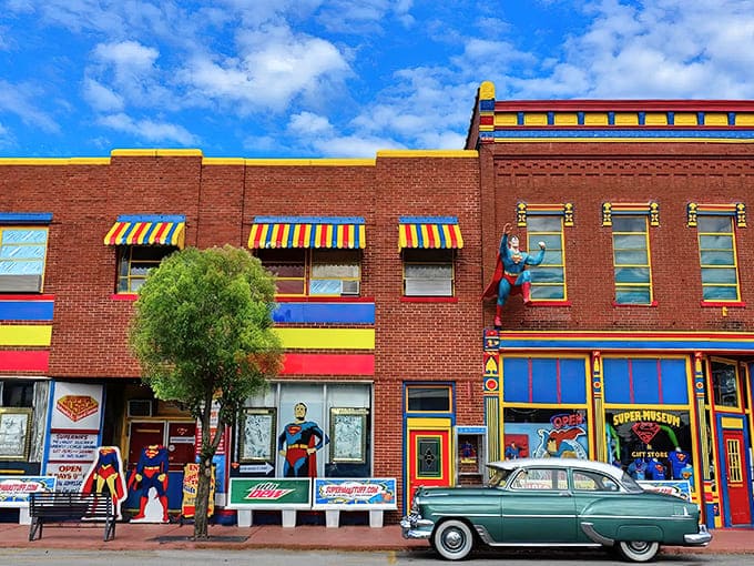 The Super Museum's exterior looks like Metropolis itself decided to wear its Sunday best, complete with colorful awnings and superhero sentinels standing guard.