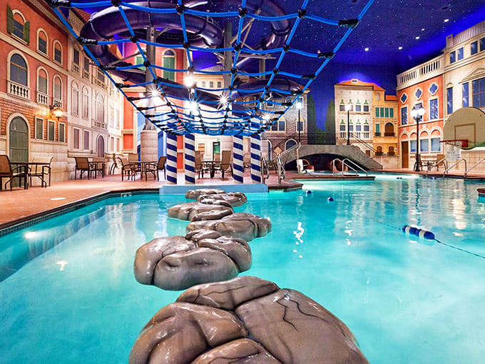 Venice meets Minnesota in this spectacular indoor oasis where Renaissance architecture frames crystal-clear waters and endless family fun.